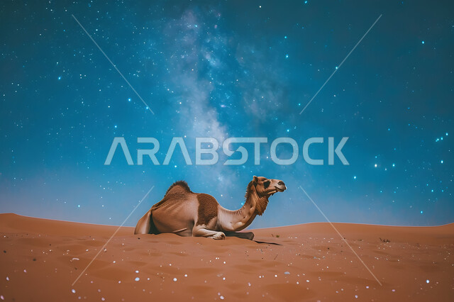 The blue sky over the Gulf deserts, the camel’s brook on the golden ...