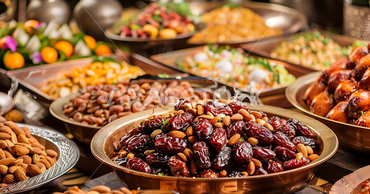 Delicious healthy nuts and dates, plates filled with dates, dried ...