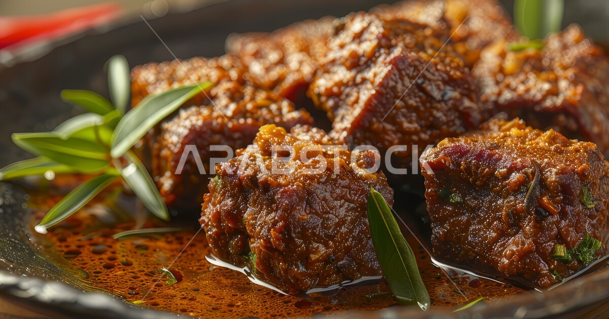 A plate of cooked ranch meat with spices and hot sauce, delicious red ...