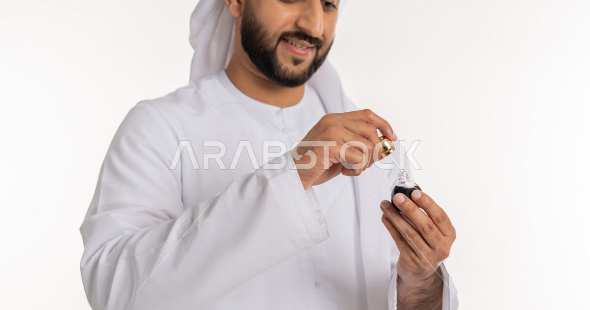 Marketing luxury perfume products, a close-up portrait of an Emirati ...