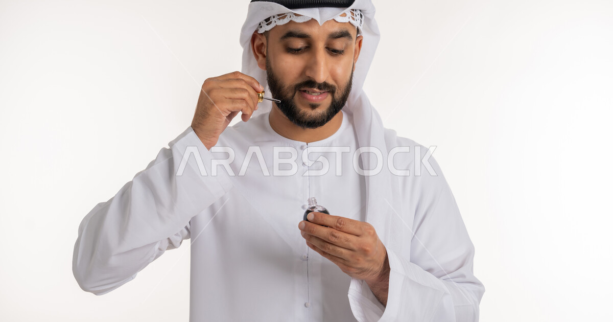 Marketing luxury perfume products, a close-up portrait of an Emirati ...