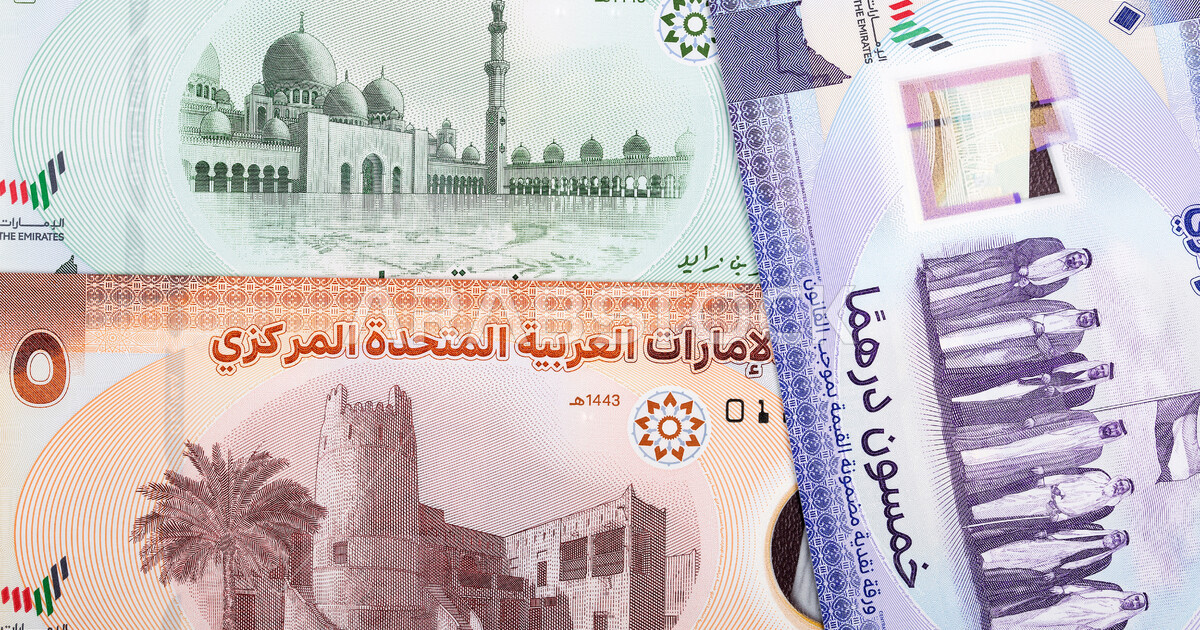 Official currency of the United Arab Emirates, different denominations ...