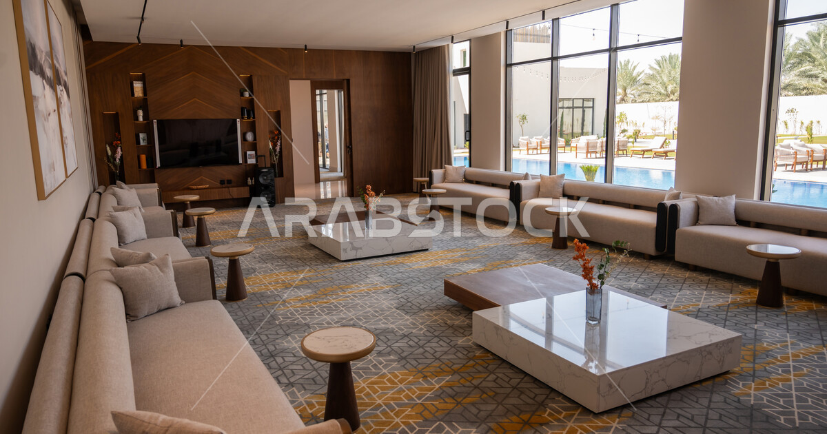 Windows and glass facades overlooking the external garden, high-end ...