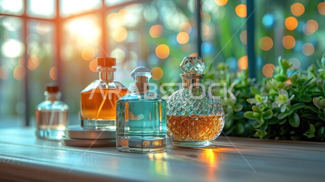Display of local Saudi national products, glass bottles of original ...