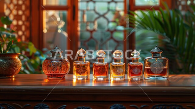 Glass bottles of original Saudi musk oil, perfuming and fragrance with ...