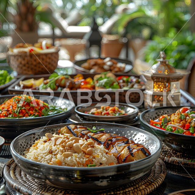Delicious oriental Arabic appetizers, dishes and dishes, a dining table ...