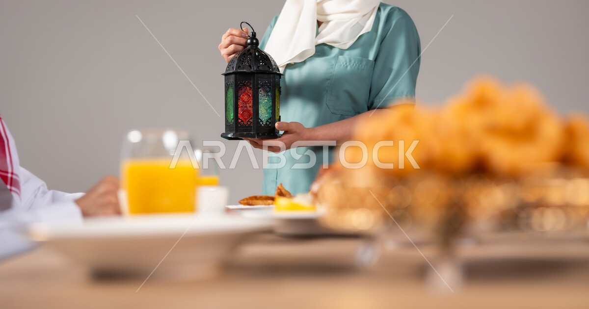 A family Ramadan breakfast, Islamic religious atmosphere and worship, a ...