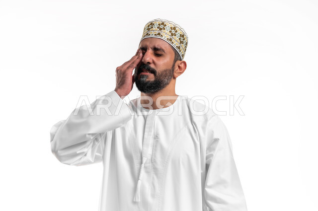 The concept of fatigue and exhaustion, a close-up portrait of a smiling ...