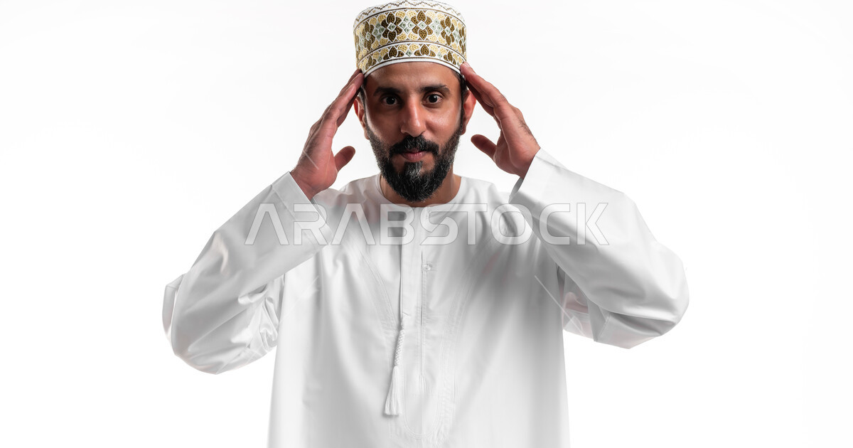 The concept of the need for calm, a close-up portrait of a young Arab ...