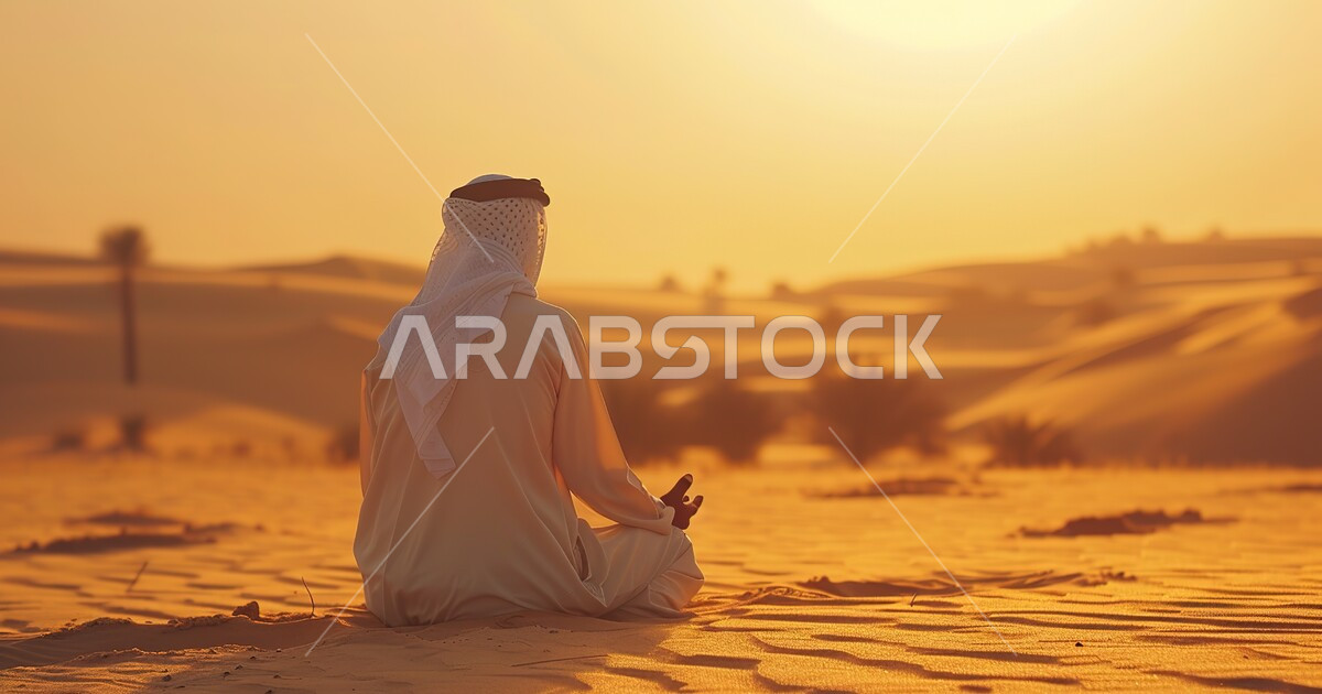 Enjoying and sitting on the sand dunes in the Arabian Peninsula desert ...