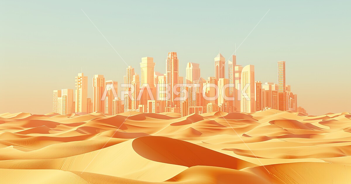 Imaginary view of Dubai's towers and skyscrapers in the desert ...