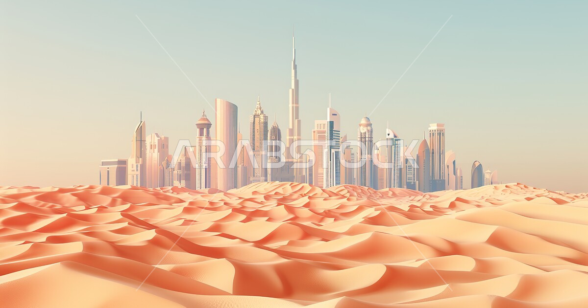 Imaginary view of Dubai's towers and skyscrapers in the desert ...