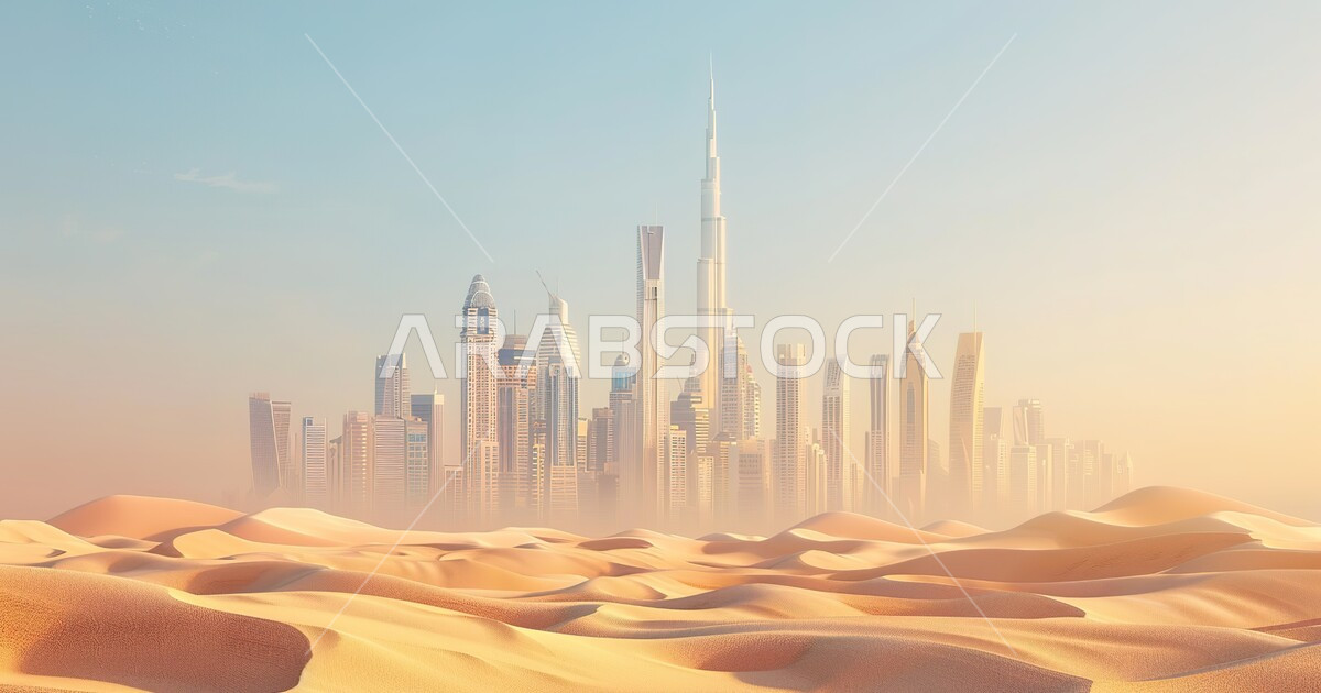 Imaginary view of Dubai's towers and skyscrapers in the desert ...