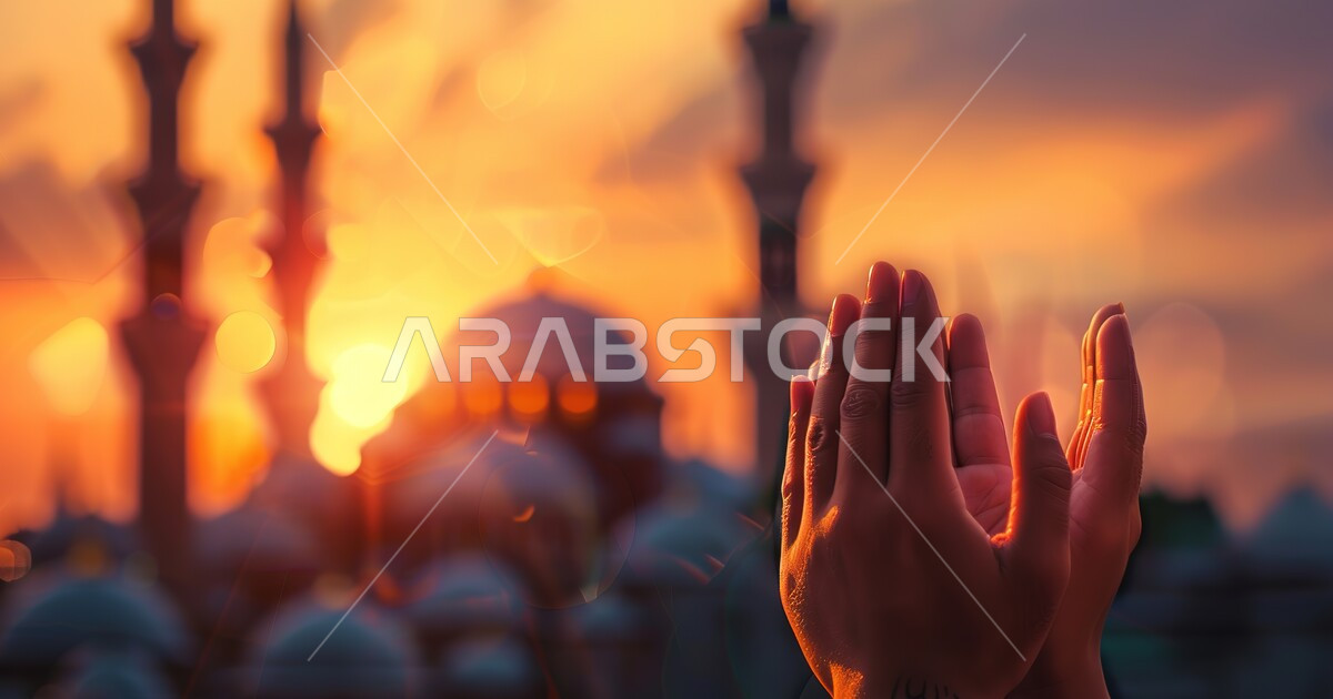 Worship and getting closer to God, close-up of the hands of a Saudi ...