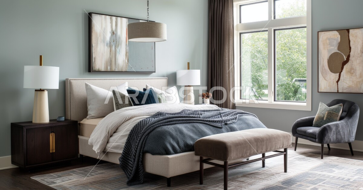 غرفة نوم داخلية حديثة مع جدران رمادية ونافذة كبيرة في شقة سكنية بتصاميم ...