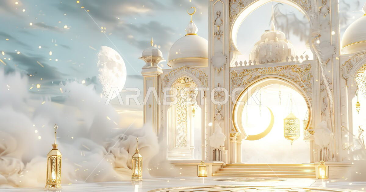 islamic banner background with crescent , lantern and gate in white and ...