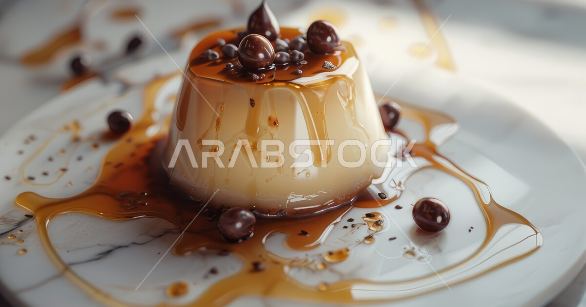 A plate of pudding decorated with vanilla and caramel, dishes of ...