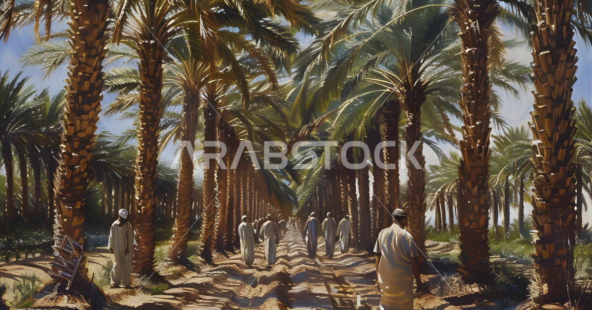Fruitful palm farms in the Kingdom of Saudi Arabia, workers harvesting ...