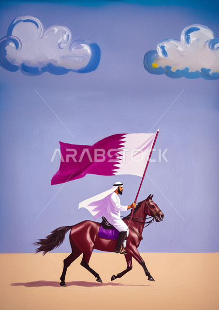 An artistic painting in oil and watercolor of a Gulf-Qatari Arab man ...