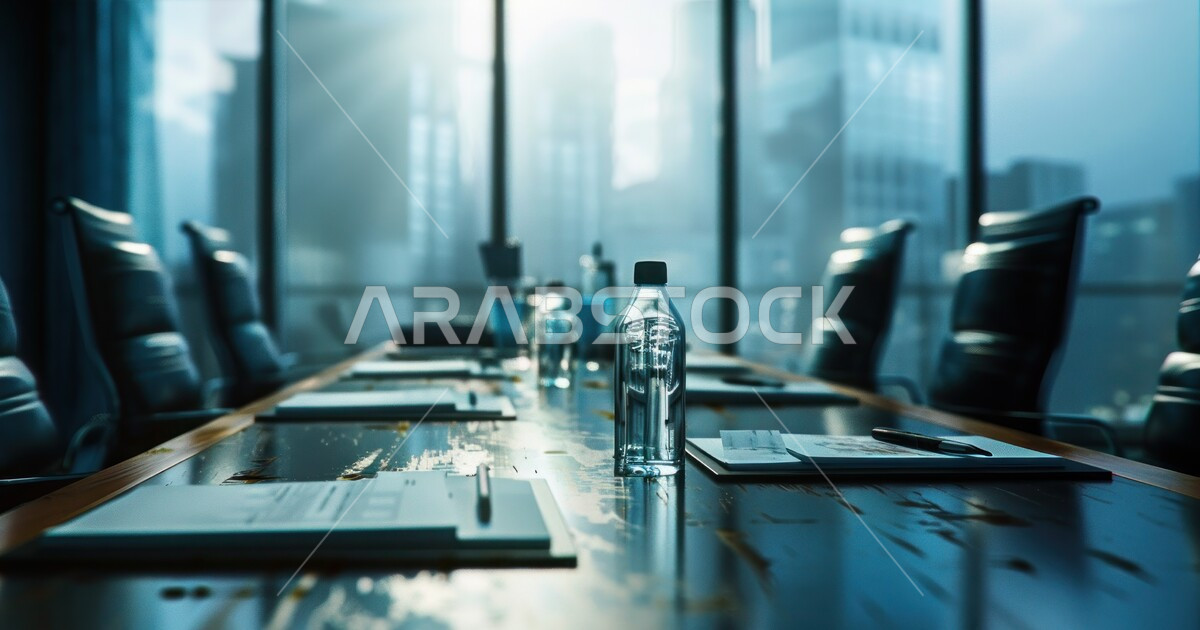 Spacious meeting room with table surrounded by chairs, modern ...