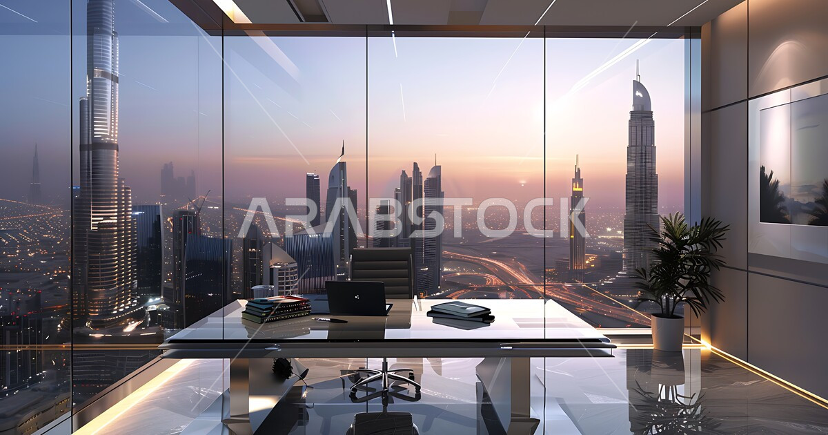 Huge glass facades overlooking the skyline of Riyadh, office rooms with ...