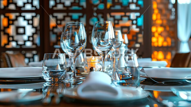 Tables equipped with utensils and dishes, decorations and interior ...