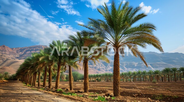 Palm tree farms and oases in desert nature, local agricultural crops ...