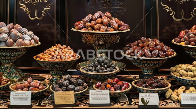 Dishes of various healthy dates, identification cards with the name and ...