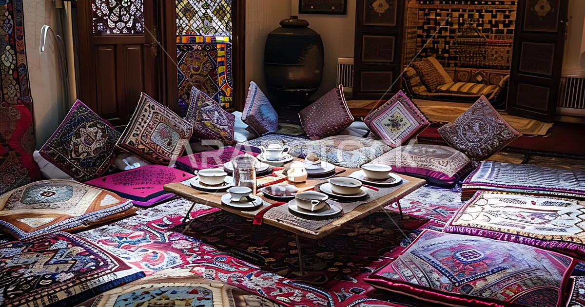 Colorful upholstery and cushions, traditional Bedouin majlis interior ...