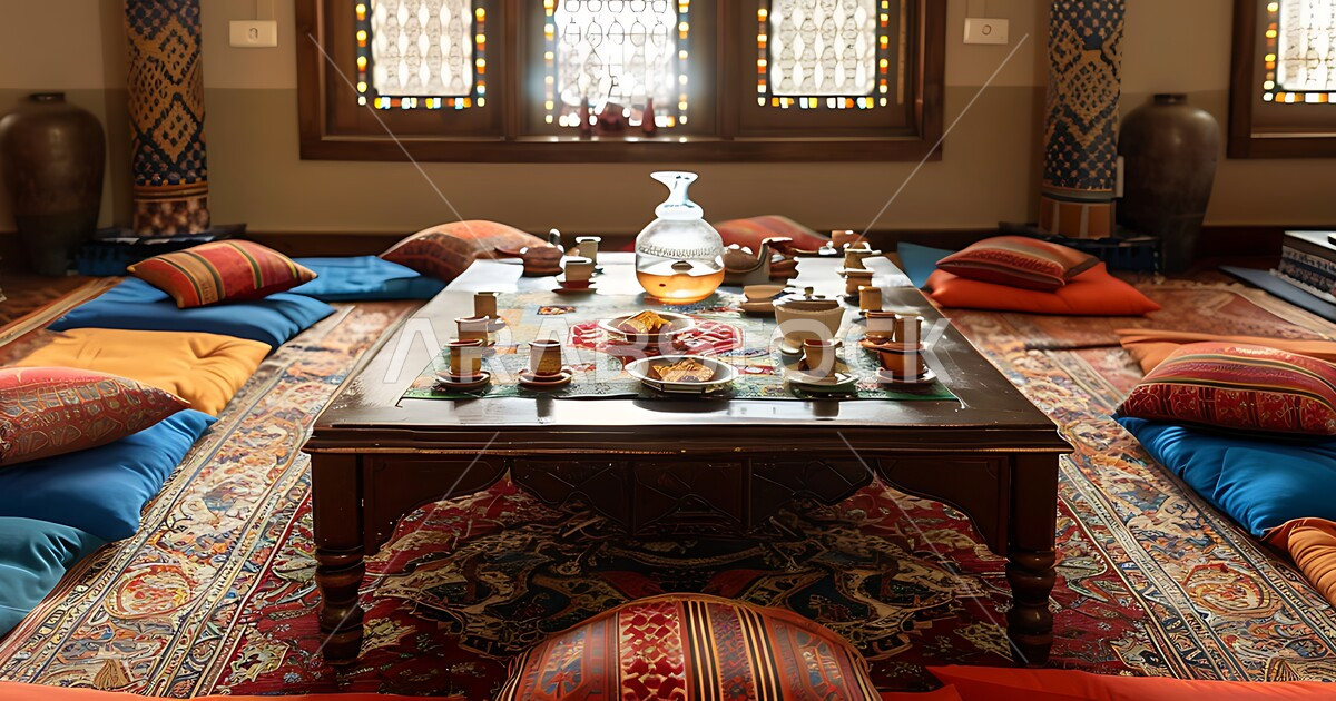 Colorful upholstery and cushions, traditional Bedouin majlis interior ...