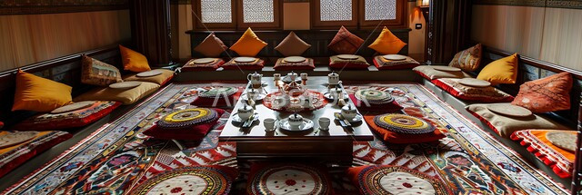 Colorful upholstery and cushions, traditional Bedouin majlis interior ...