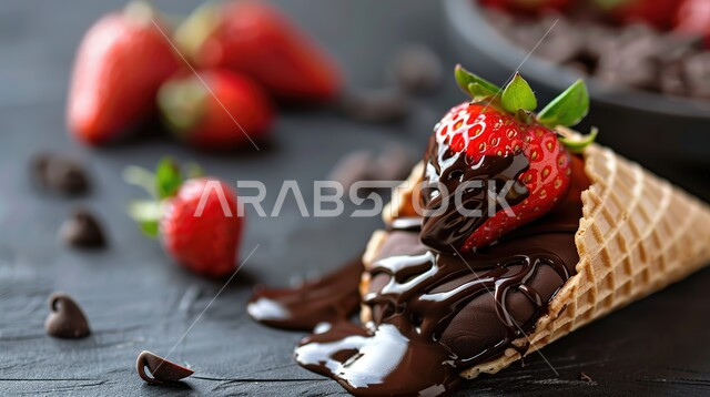 Cold summer desserts, biscuit cone with chocolate and strawberry sauce ...