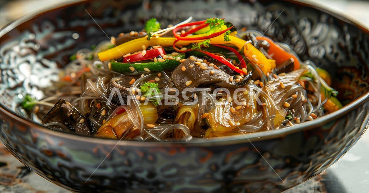 Korean japchae noodles with chicken and vegetables in a black plate ...