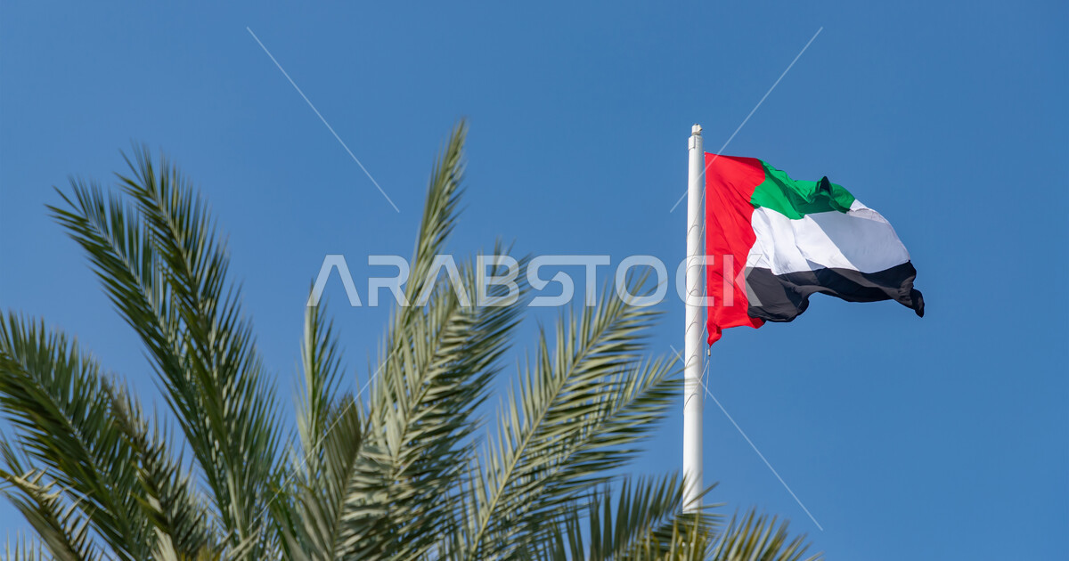 The flag of the United Arab Emirates flying in the sky, celebrating the ...