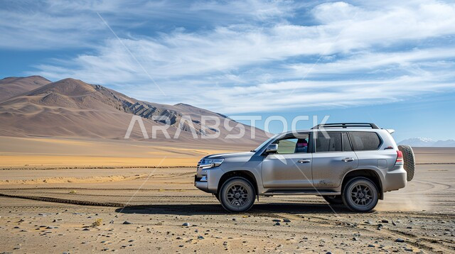 Traveling through deserts in the Kingdom of Saudi Arabia, driving a car ...