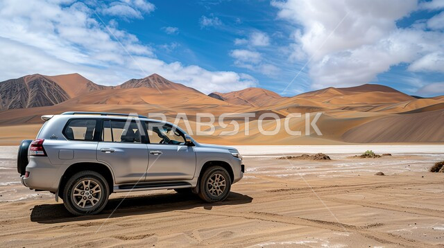 Traveling through deserts in the Kingdom of Saudi Arabia, driving a car ...