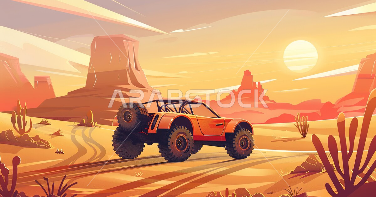 Means of transportation, driving a car on rough roads and sand dunes ...