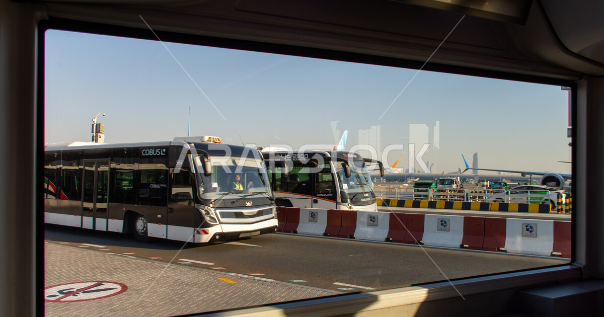 Buses to transport passengers to the plane in Terminal 02 runway at ...