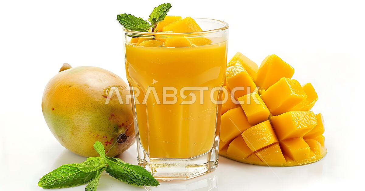 A glass of delicious mango juice, healthy, beneficial and nutritious ...