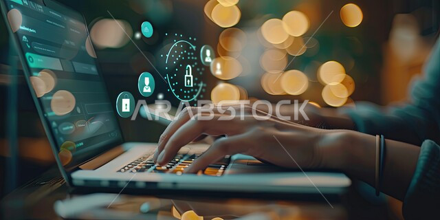 Electronic development and technological growth, a close-up image of a woman’s hands completing ...