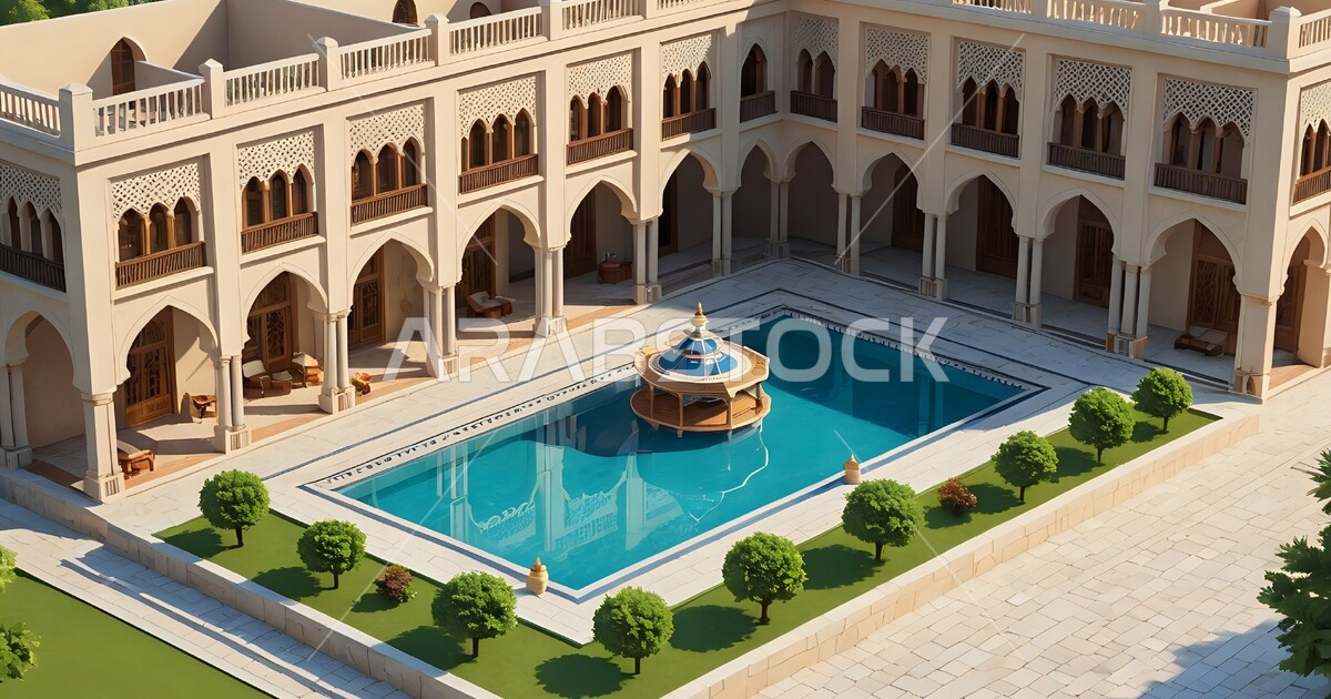 Trees and green nature around the swimming pool in the outdoor garden ...