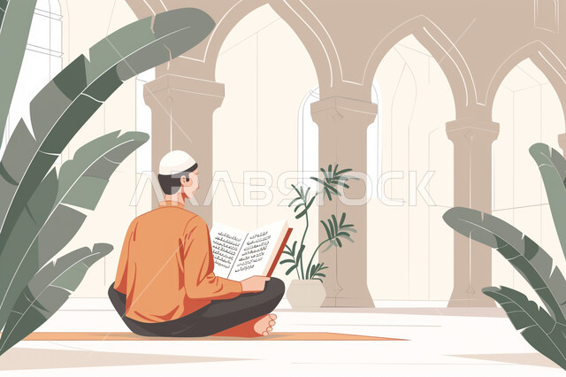 3D illustration of a Saudi Arabian Gulf man holding the Holy Quran and ...