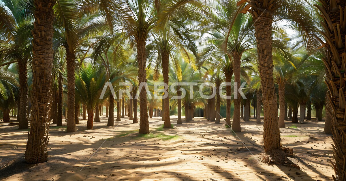 Green fruitful palm farms and trees, date harvest season, national ...