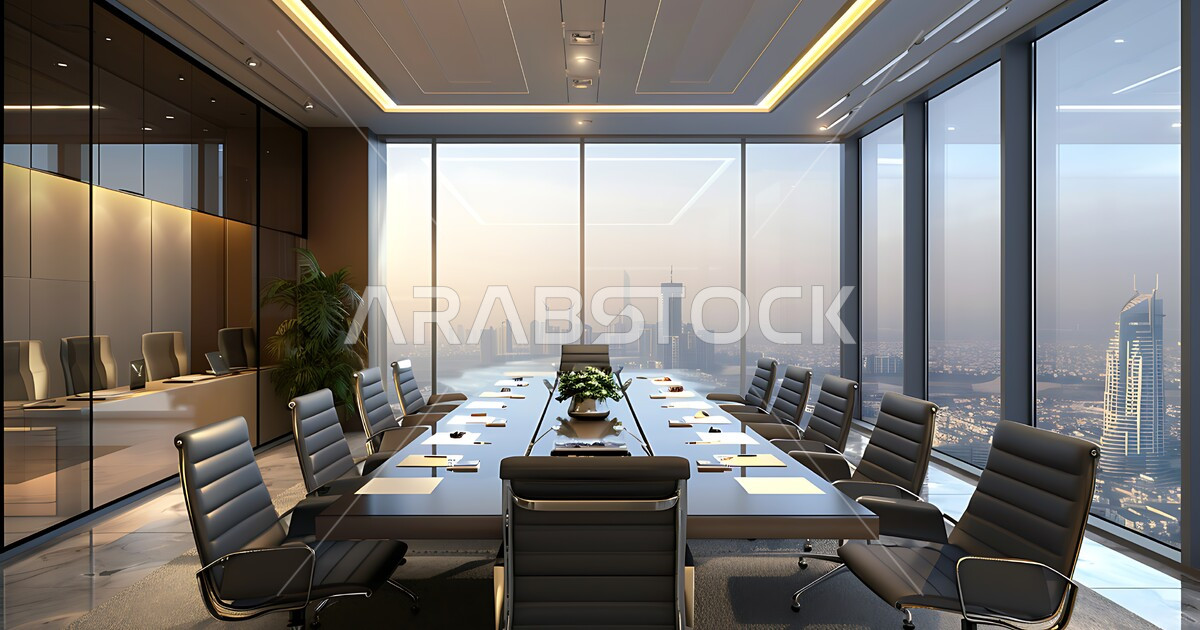 A spacious meeting room with a table surrounded by chairs, office rooms ...