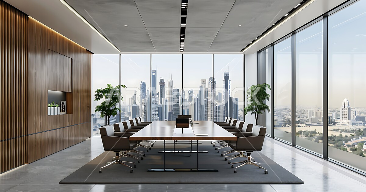A spacious meeting room with a table surrounded by chairs, office rooms ...