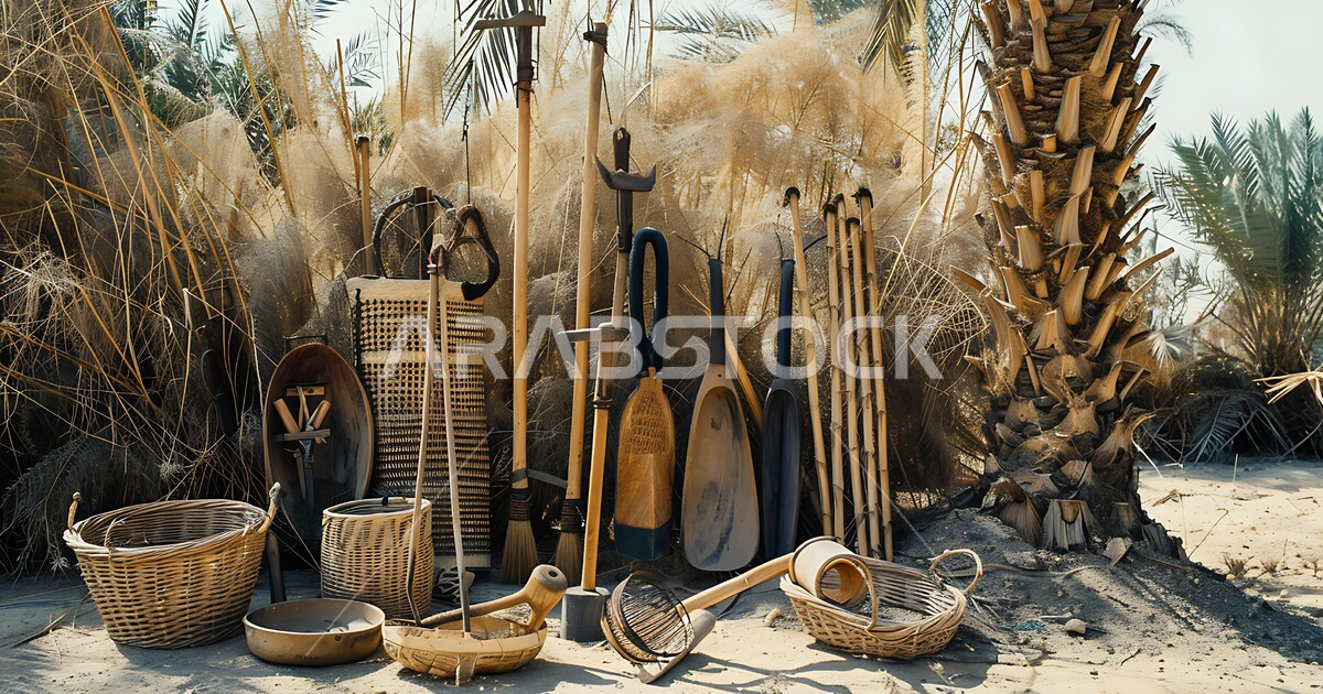 Home equipment made of wicker, tools used in harvesting dates, local ...