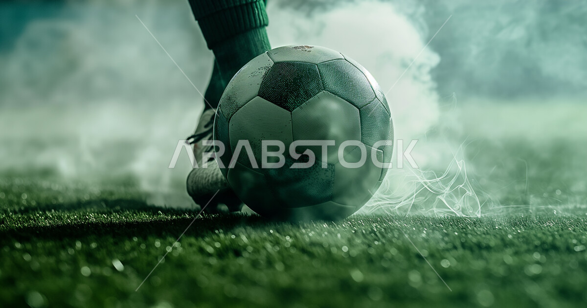 صورة مقربة لقدم لاعب عربي خليجي سعودي يرتدي الملابس الرياضية يقوم بركل ...