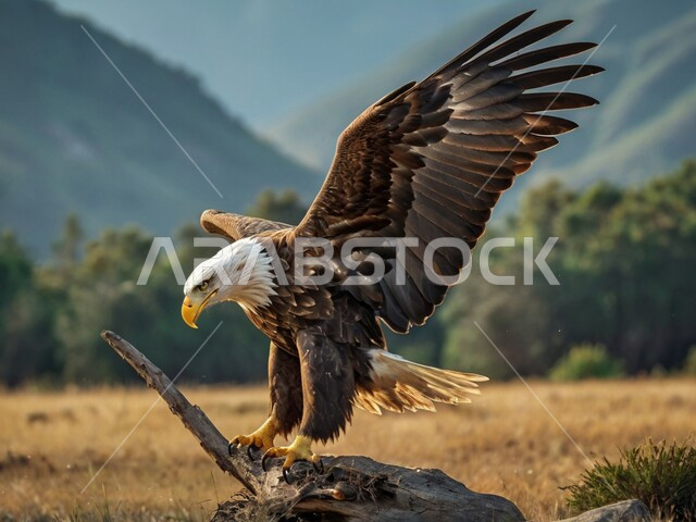 An eagle bird stands on a wooden branch in natural reserves in the ...