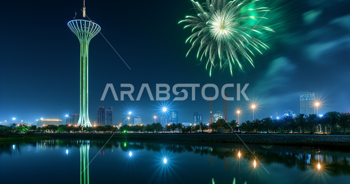 Fireworks and green crackers in the sky at night, celebrations and ...
