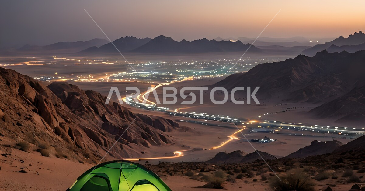 خيمة صغيرة منصوبة في منطقة صحراوية، لطبيعة والرمال الذهبية الناعمة ...